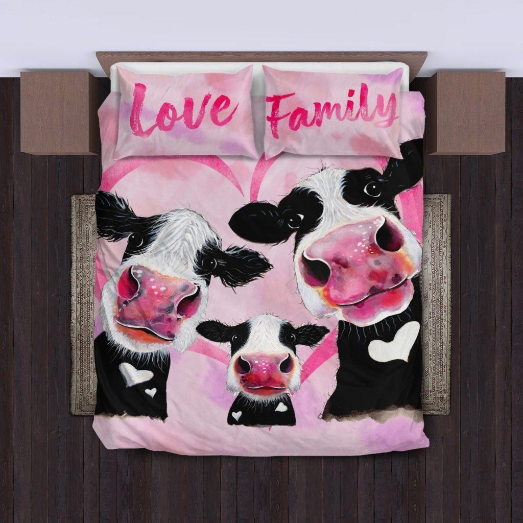 Three Pink Cows Love Family With Heart Bedding Set - Sand Creek Farm