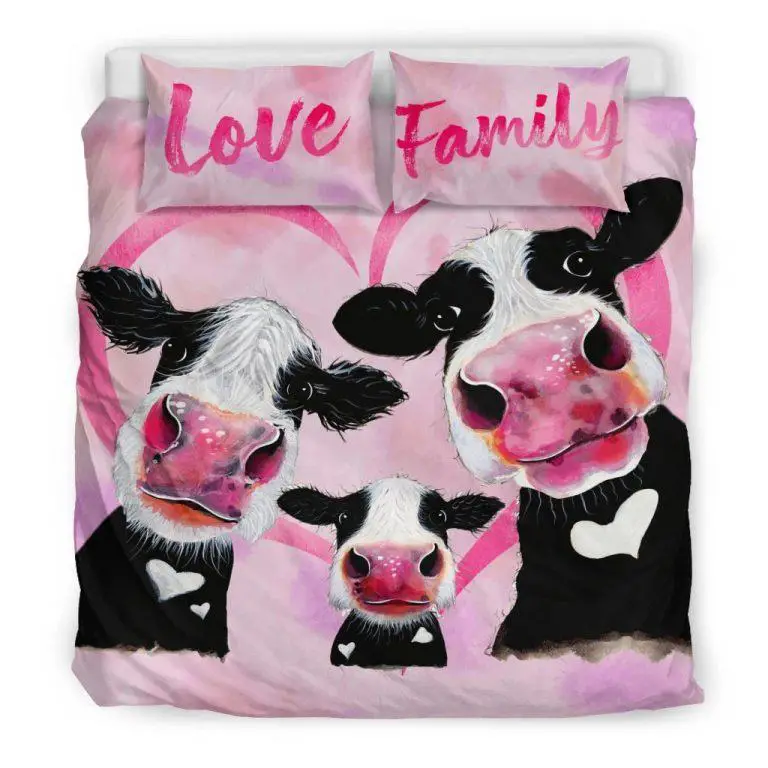Three Pink Cows Love Family With Heart Bedding Set - Sand Creek Farm